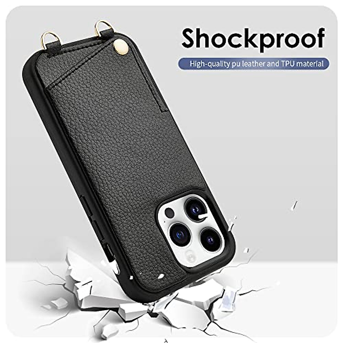 JLFCH ROMIELA Series iPhone 14 Pro Crossbody Case with Card Holder Wrist Strap, iPhone 14 Pro Wallet Case Chain Lanyard Leather Purse Women Protective for Apple iPhone 14 Pro, 6.1 inch - Black