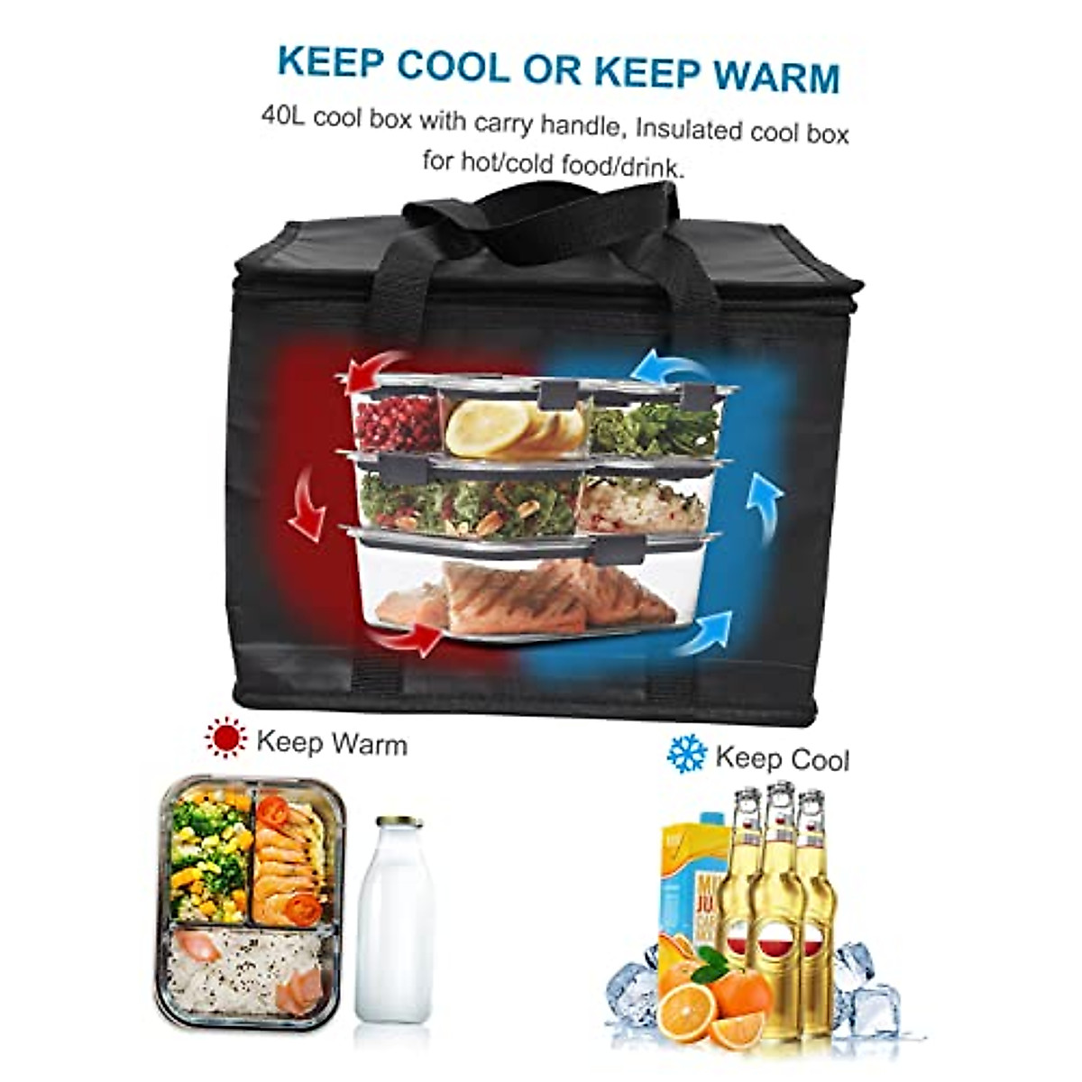 NAMOARLY Insulation Bags Large Insulated Food Bag Food Bag Shopping Cart Bags for Groceries Jumbo Insulated Bag Insulated Food Carrier Bag Cooler Bag Foldable Lunch Bag Black Woven