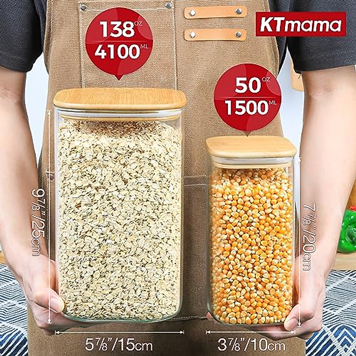 KTMAMA 1 Gallon Glass Jar with Bamboo Lid, Glass Food Storage Containers, 138 oz Cereal containers, Large Square Glass Jars with Bamboo Lids for Rice, Pasta, Oats, Grains, Cookies, Coffee Beans