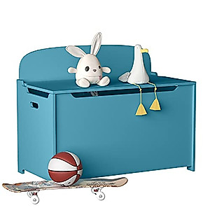 MASISDAOZ Wooden Kids Toy Box, 30 Inches Large Toy Chests Organizers with Safety Hinged Lid, Modern Decorative Toys Storage Organizers Toys Bench Box for Playroom Bedroom Living Room (Blue)