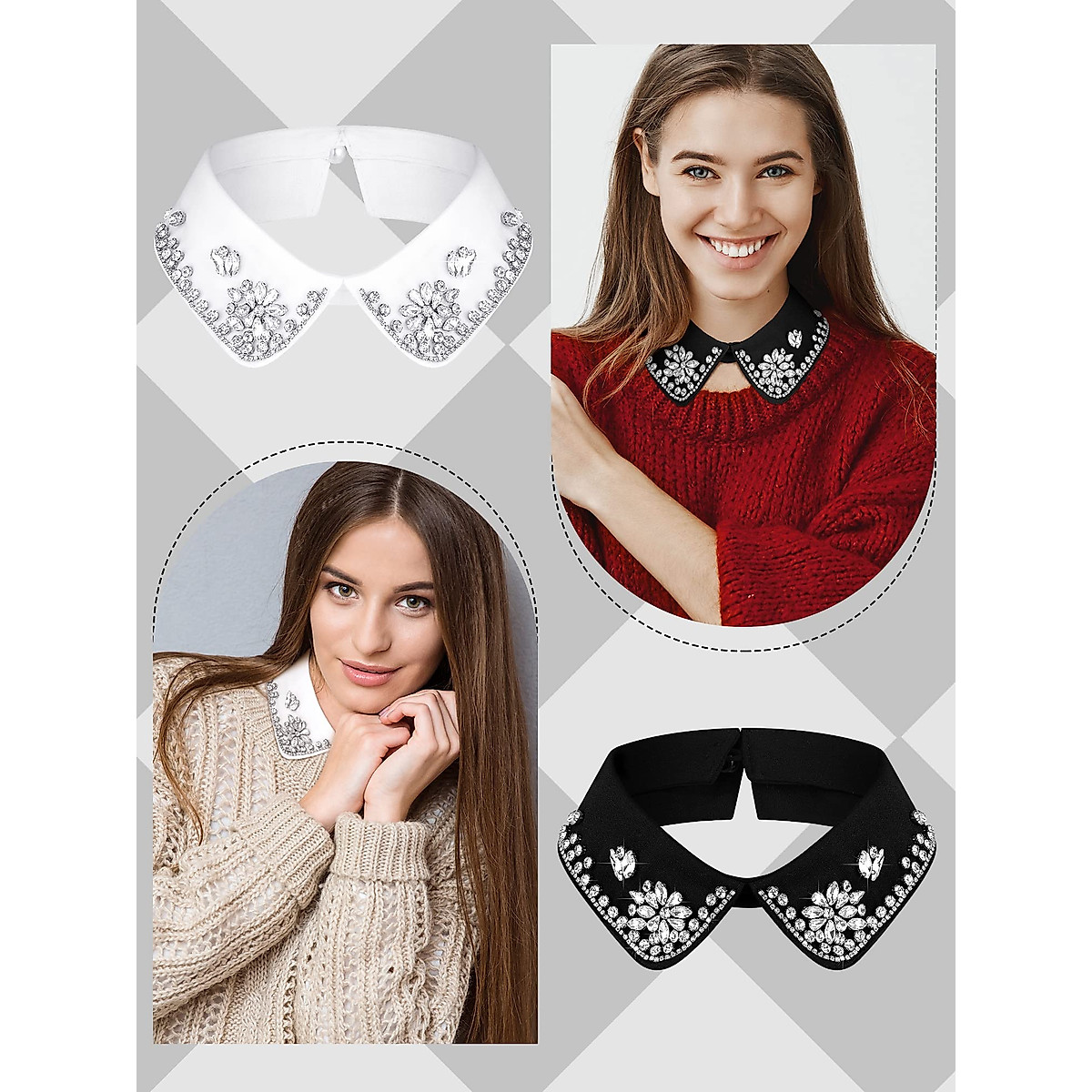 2 Pcs Fake Collar Detachable Collar Half Shirt Blouse Diamond Jewel Faux Collar Rhinestone False Collar Top for Women Girls (Rhinestone)