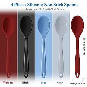 4 Pieces Large Silicone Mixing Spoon Heat Resistant Silicone Basting Spoon Utensil Spoon Non Stick Serving Spoon for Mixing, Baking, Serving (Red, Black, Blue, Gray)