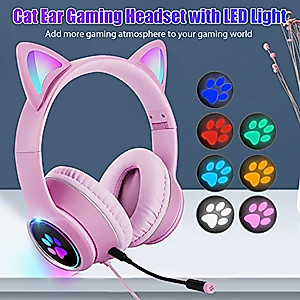 Atrasee Stereo Gaming Headset for PS4 PC PS5 Xbox One Nintendo Switch, Wired Cat Ear Headphones with Mic, Surround Bass, Soft Earmuffs, Noise Cancelling Over Ear Headphones for Girls Kids, Pink