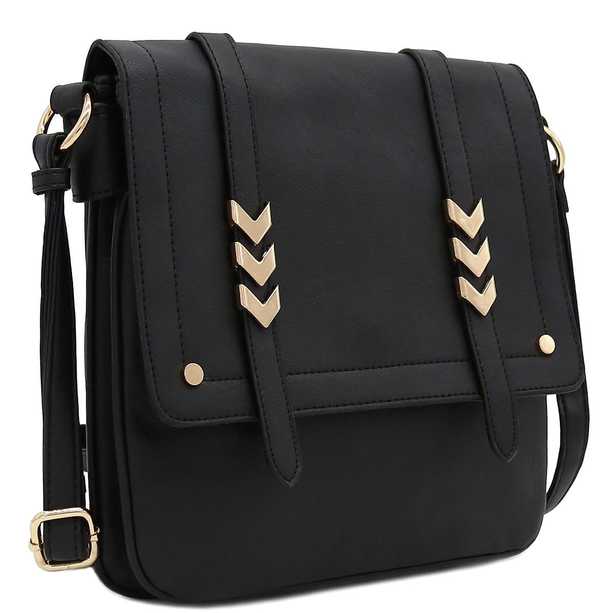 ALYSSA Double Compartment Large Flapover Crossbody Bag with Colorblock Straps (Black/Brown)