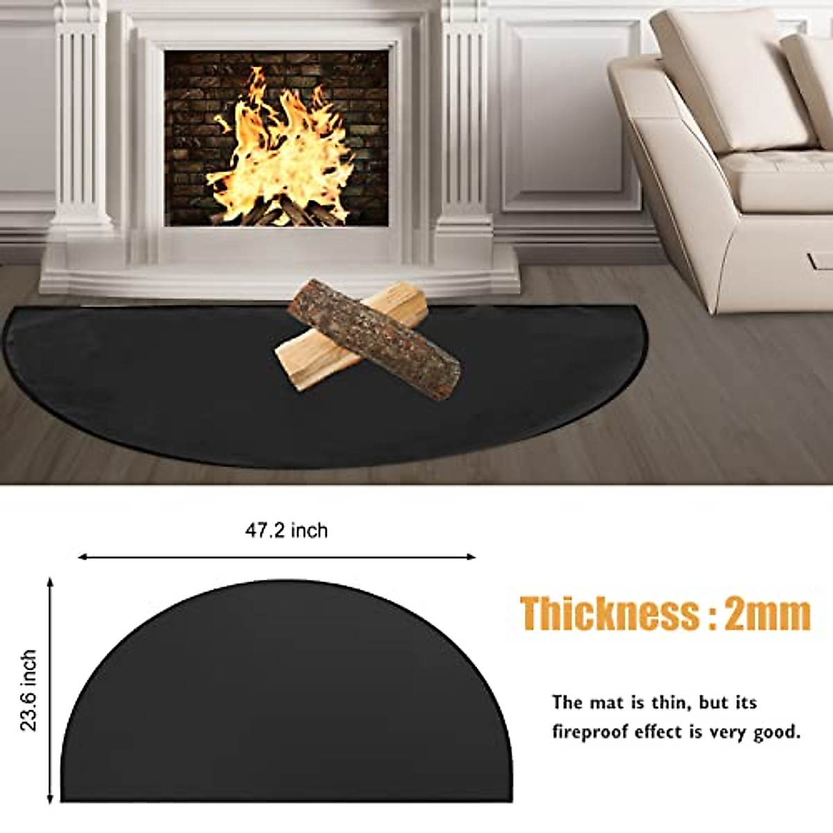 Fireproof Fireplace Mat,47×24Inch Half Round Fireplace Mat Fire Resistant Mat 3-Layer Fiberglass Fireproof Mat Fireplace Rug Hearth Pad with Flame-Retardant Fiberglass for Wood Stove