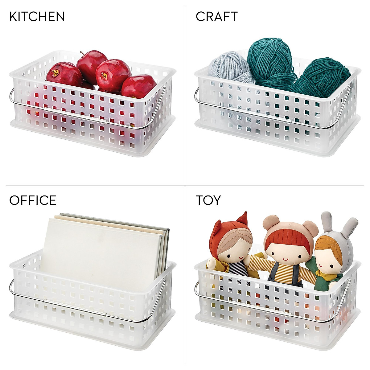 iDesign Spa Storage Organizer Basket with Handle, Stackable Container for Bathroom, Health, Cosmetics, Hair Supplies and Beauty Products, 8.69" x 13.94" x 5.12", Frost White