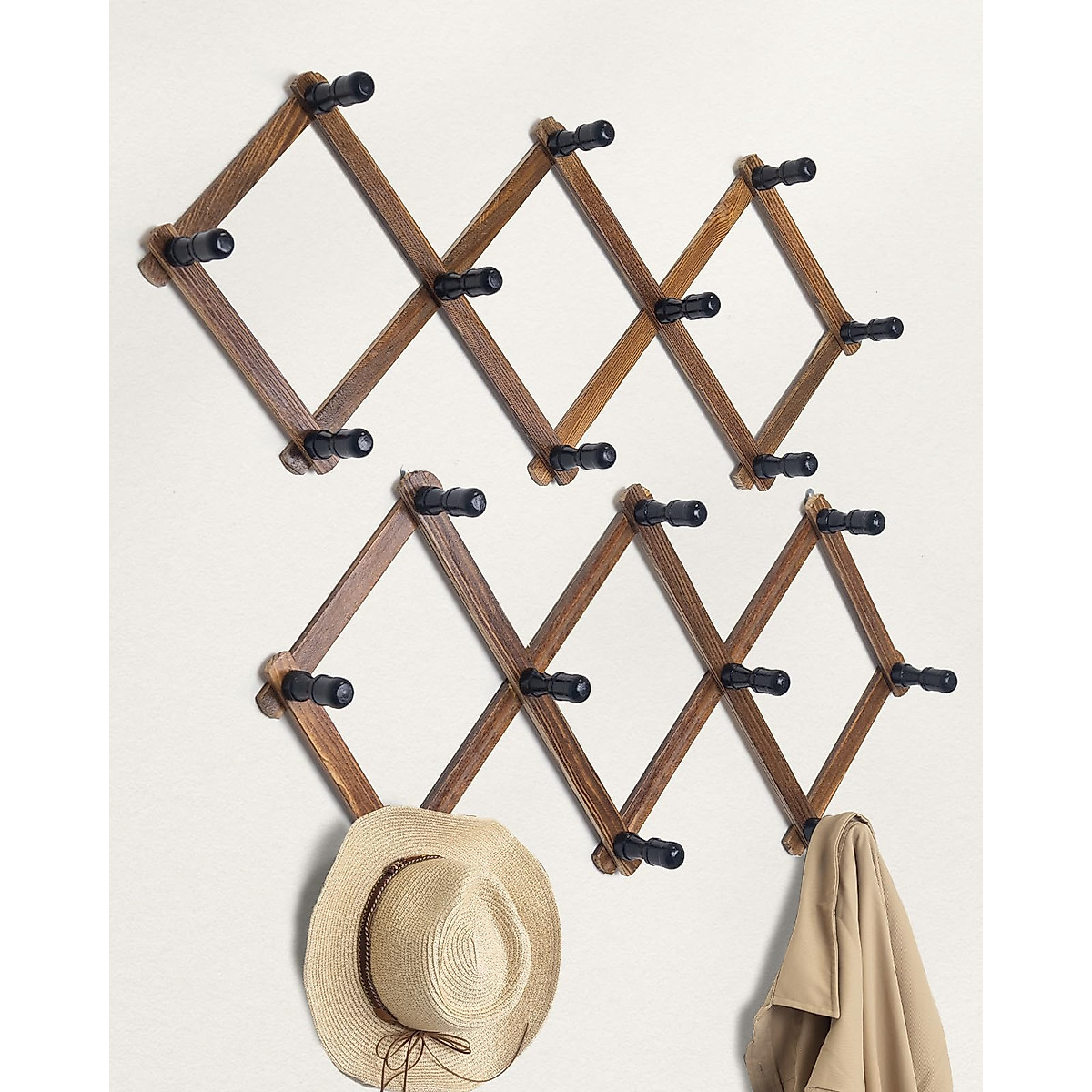 Wooden Expandable Accordion Wall Hanger,2 Pack Including 20 Peg Hooks,Perfectly Hook for Coats, Mugs,Coffee, Coat,Keys, Hat Rack,X Shap,Make Living Room Decorative and Neat,Rustic Style (Brown)