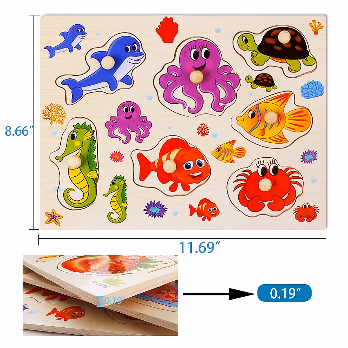 Wooden Peg Puzzles for Toddlers, 3 Pack Ocean Transportation Fruit Puzzles for Kids 1-3 Years Old, Early Educational Preschool Learning Puzzles Toys for Boys and Girls Ages 1 2 3 4 5