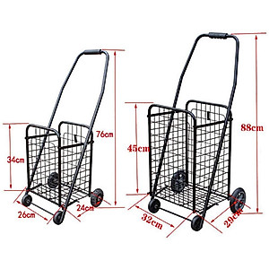 Shopping Trolley on Wheels Multi Function Shopping Cart Portable Folding Wrought Iron Trolley Luggage Trailer Special Spray Treatment Intimate Basket Buckle Storage Hand Trucks,Black,88Cm