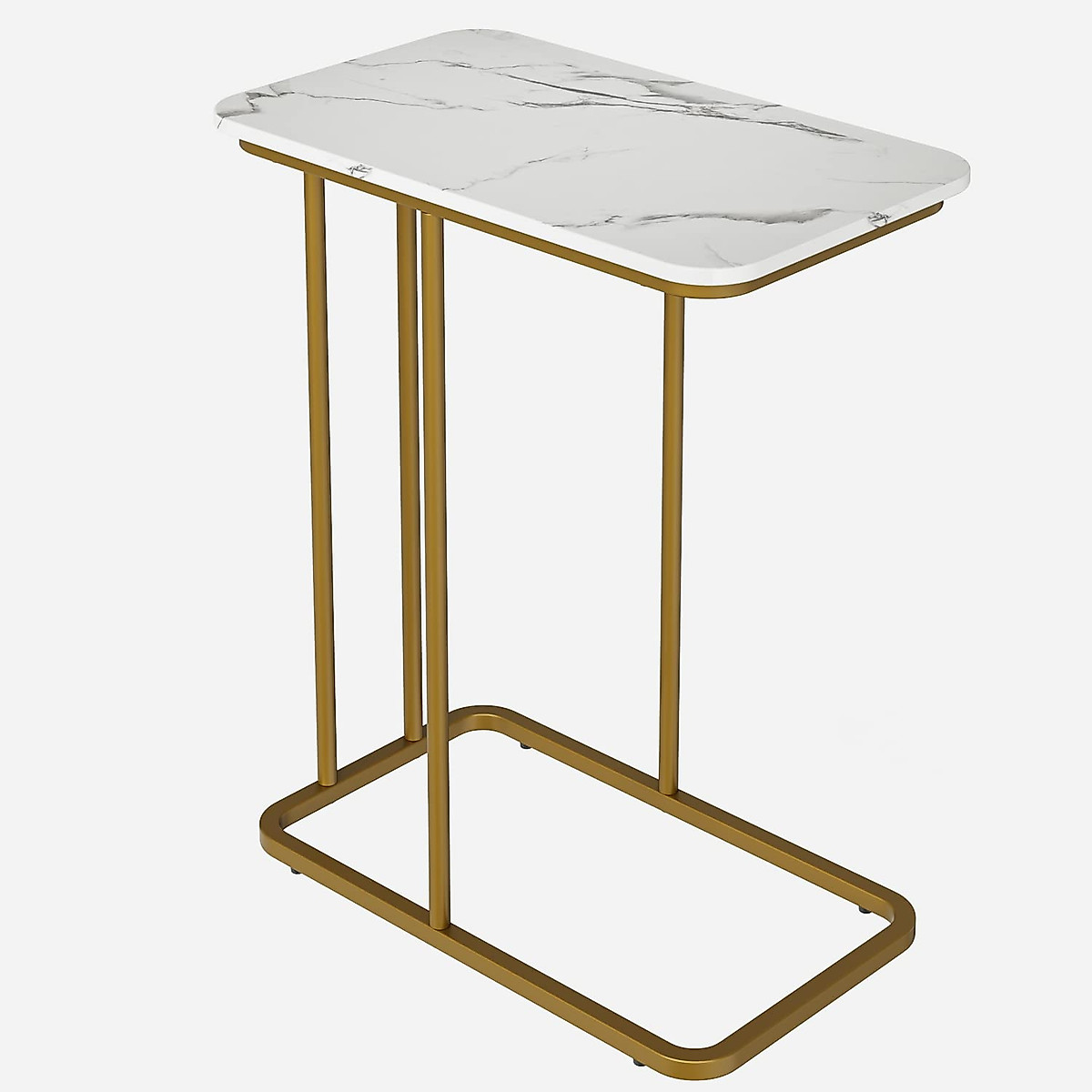 C Shaped Side Table, Small End Table, Modern Simplicity Waterproof Marble Pattern Coffee Table with Steel Frame for Living Room, Bedroom (White)