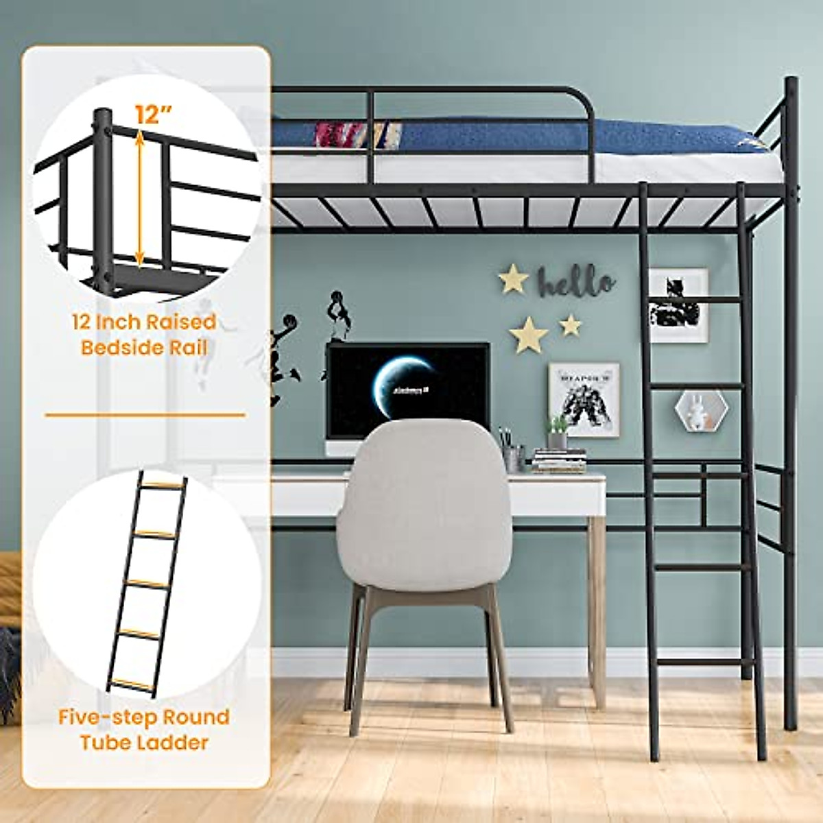 Giantex Metal Loft Bed Twin Size for Juniors & Adults, Loft Bed Frame with Ladder & Safety Guardrail, 61" Under-Bed Space, Space-Saving Twin Bed for Teens, No Box Spring Needed (Black)