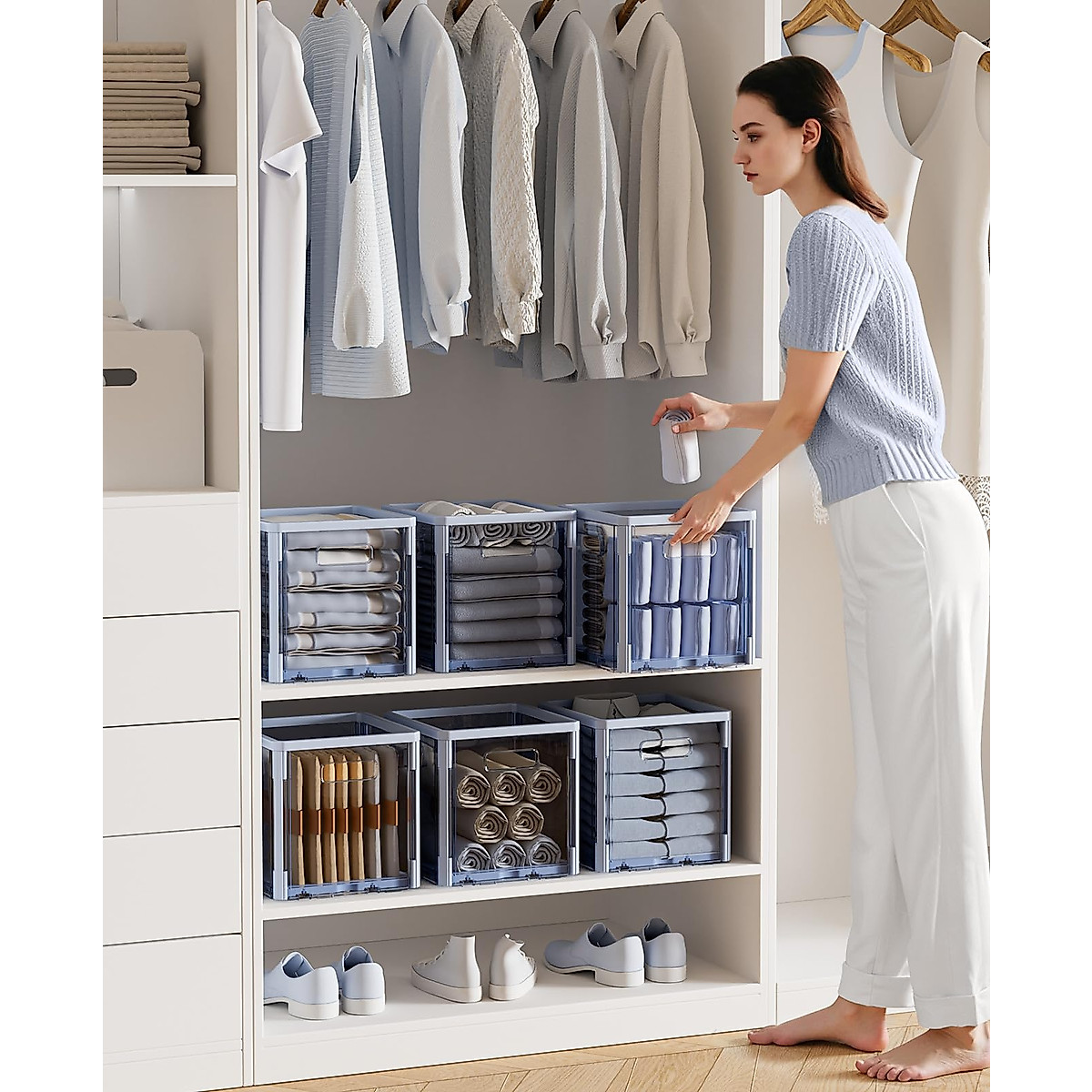 HAIXIN Collaspible Clothes Storage Cubes - Foldable Clothing Storage with Handles Open Home Storage Bins Plastic Storage Containers for Bedroom Closet Wardrobe Dormitory, 6 Pack (Blue, 10.5 Inch)