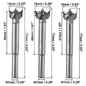 uxcell Forstner Wood Boring Drill Bits 14mm 15mm 16mm Dia. Hole Saw Carbide Alloy Steel Tip Round Shank Cutting for Hinge Plywood Wood Tool 3in1 Set