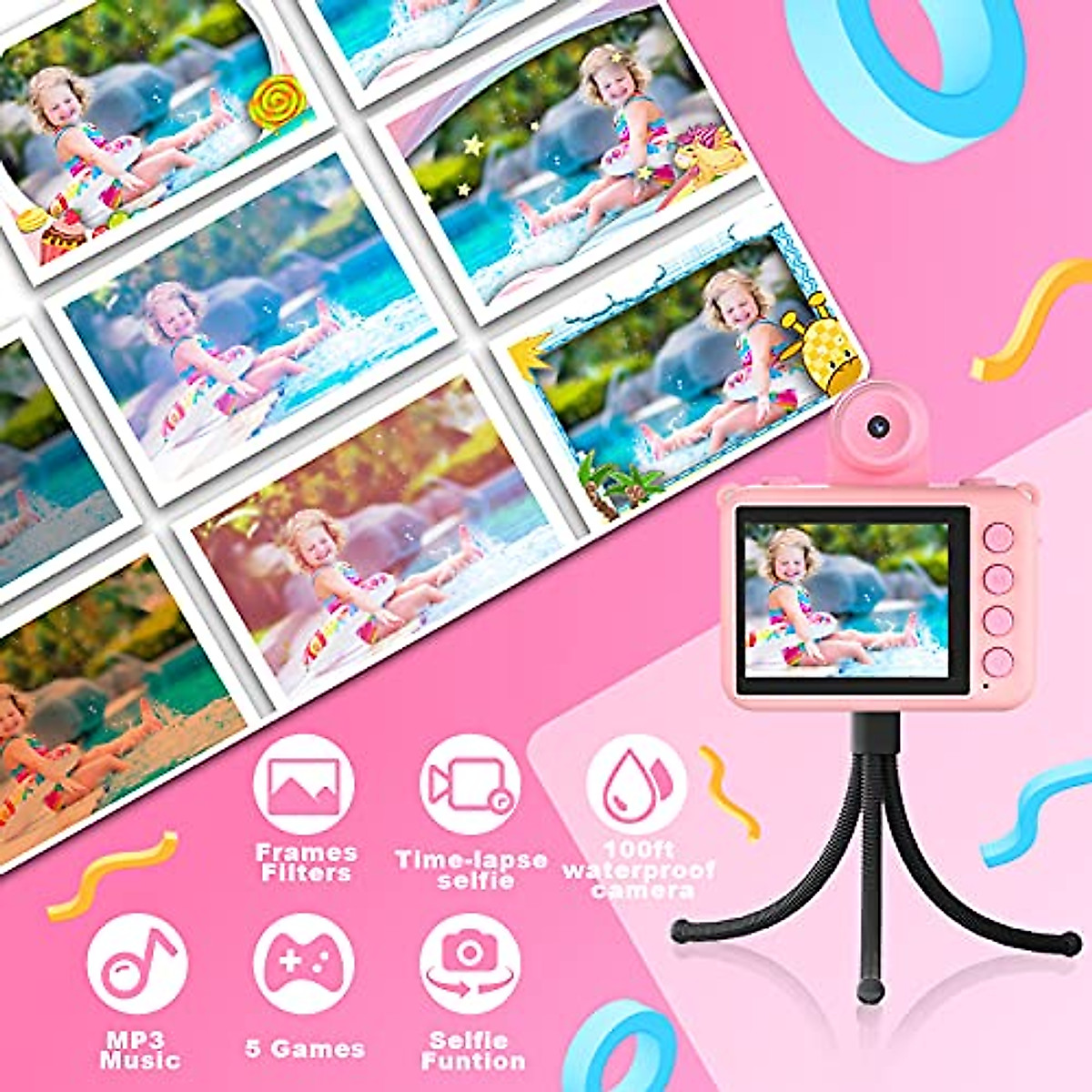 Ziegoal Kids Waterproof Camera Unicorn Christmas Birthday Gifts for Girls Age 3-12 HD Video Children Digital Underwater Toddler Selfie Camera Toys for 4 5 6 7 8 9 10 Year Old Girls with 32G SD Card