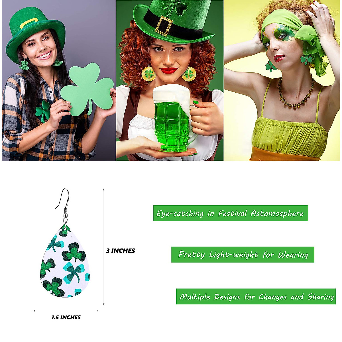 Honsny 24 Pairs St Patrick's Day Easter Earrings for Women Faux Leather Teardrop Dangle Earrings Set Clover Green Hat Easter Egg Dangle Earrings Jewelry for Women Drop Earrings