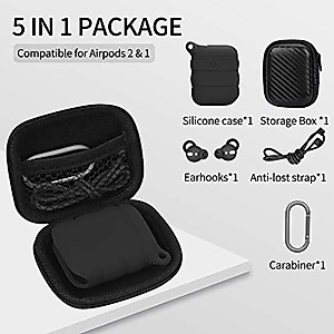 WWW Protective Case Designed for Apple AirPods 2 & 1 , 5 in 1 Accessories Set Silicone Cover for AirPods 2 and 1 Charging Case with AirPods Covers/Anti-Lost Lanyards/Keychain/Carrying Box Black