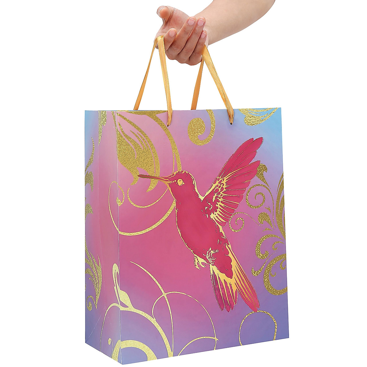 Qirrmiy 13" Large Pink Gift Bag Set with Greeting Card and Tissue Papers (A Pink Bird Design) for Celebrating Birthdays, Weddings, Anniversaries and Mother's Day-10.2”x5.2”x13”, 1 Pcs.