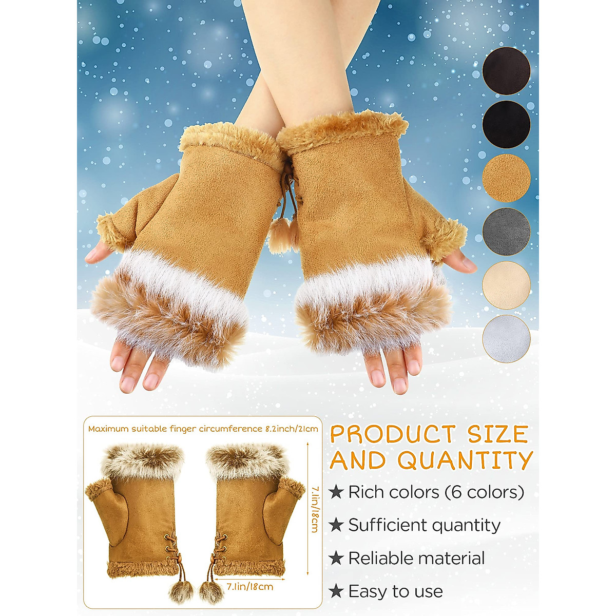 SATINIOR 6 Pairs Women Faux Rabbit Fur Gloves Fingerless Winter Gloves Mittens Warm Gloves Stretchy Hand Wrist Warmers (Classic Color)