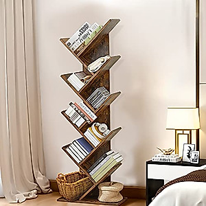 PRIJESSE 9 Shelf Tree Bookshelf, Retro Wood Bookcase, Free-Standing Storage Shelves Books Holder Organizer for Living Room, Bedroom, Kid's Room, Home Office