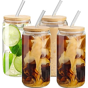 Benestanti 4 pcs Glass Cups with Bamboo Lids and Straws-16 oz Glass Tumbler with Straw and Lid & Cleaning Brush,Iced Coffee Cups with Lids Ldeal for Smoothie Beer Cocktail Whiskey Tea Juice Gift