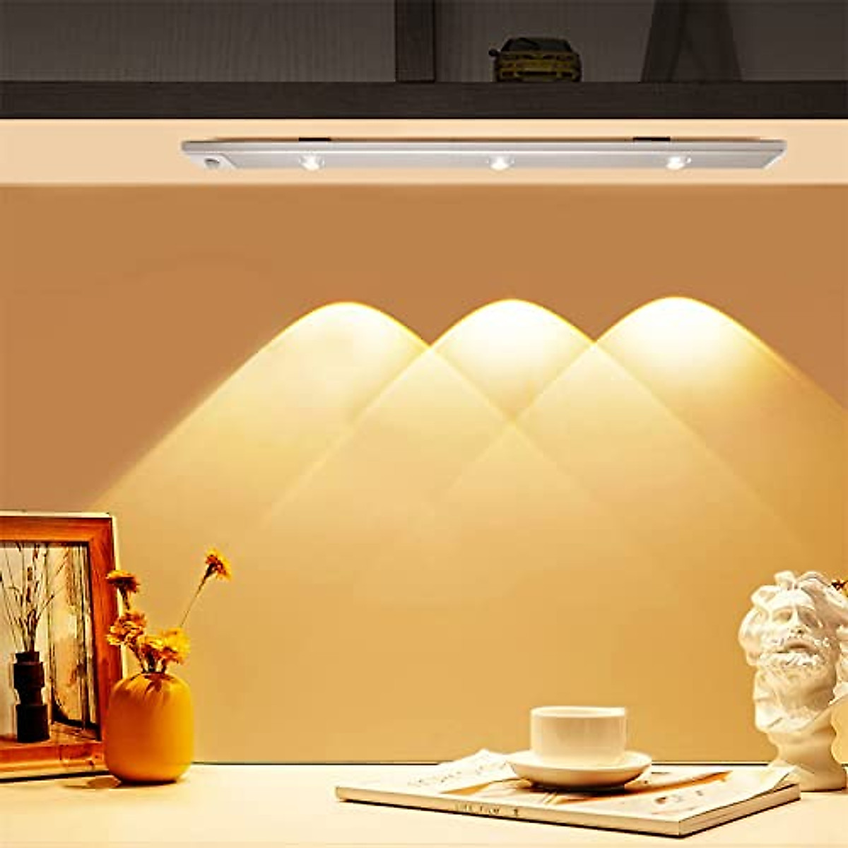 Motion Sensor Under Cabinet Lights - LED Under Counter Closet Lighting, Kitchen Night Lights, 3-Color Dimmable LED Light for Wardrobe, Closets (Silver)