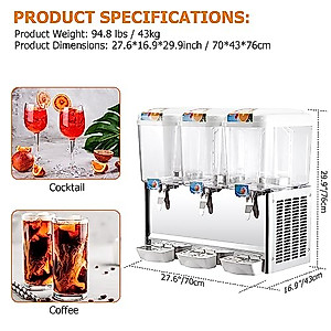 Refrigerated Beverage Dispenser, Commercial Beverage Dispenser Machine 14.25 Gallon 54L 3 Tanks Ice Tea Drink Dispenser, 380W Stainless Steel Beverage Dispenser with Thermostat Controller
