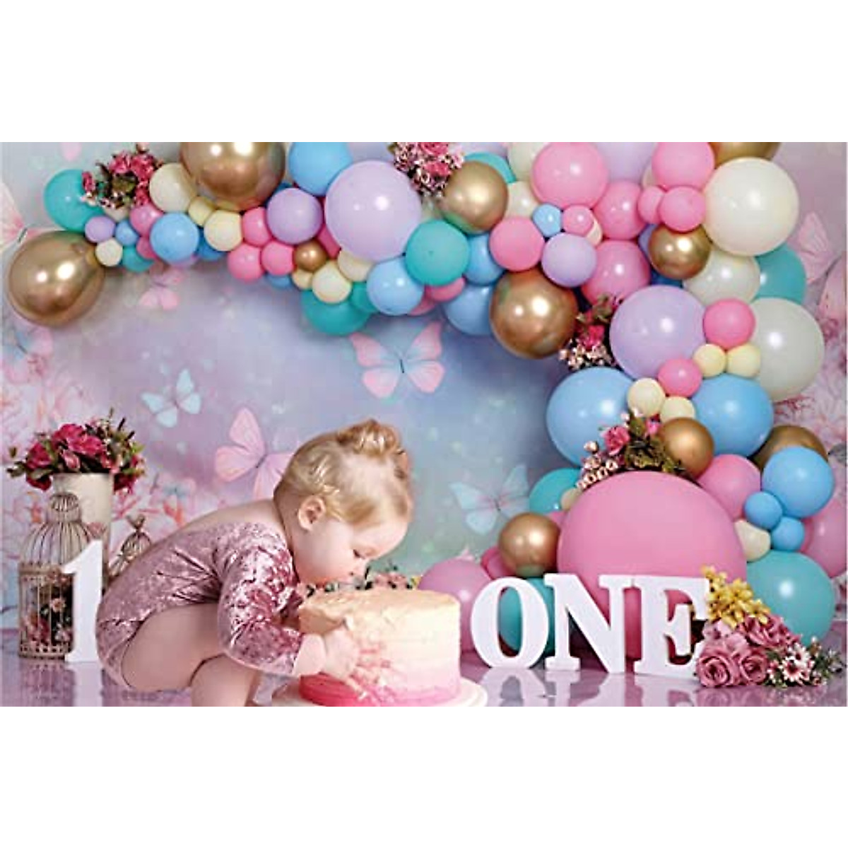 First Birthday Backdrop for Girl Pink Purple Balloon Backdrops for Photography Cake Smash Background for Baby Girl Flowers Butterfly Kids1st Birthday Banner Decorations 7x5ft