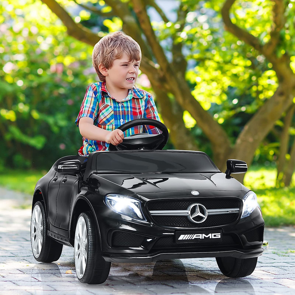 INFANS 12V Electric Kids Ride On Car, Licensed Mercedes Benz GLA45 Toy Car with Remote Control, MP3 Plug, USB, 2 Speeds, LED Lights, Battery Powered Toy Vehicle for Toddler Children (Black)