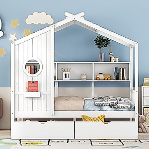 SIYSNKSI Kids House Bed with 2 Drawers and Storage Shelf, Twin Size Daybed Sofa Bed Frame with Roof and Window Design, Playhouse Design Daybed for Boys Girls Bedroom, No Box Spring Needed (White-G1)