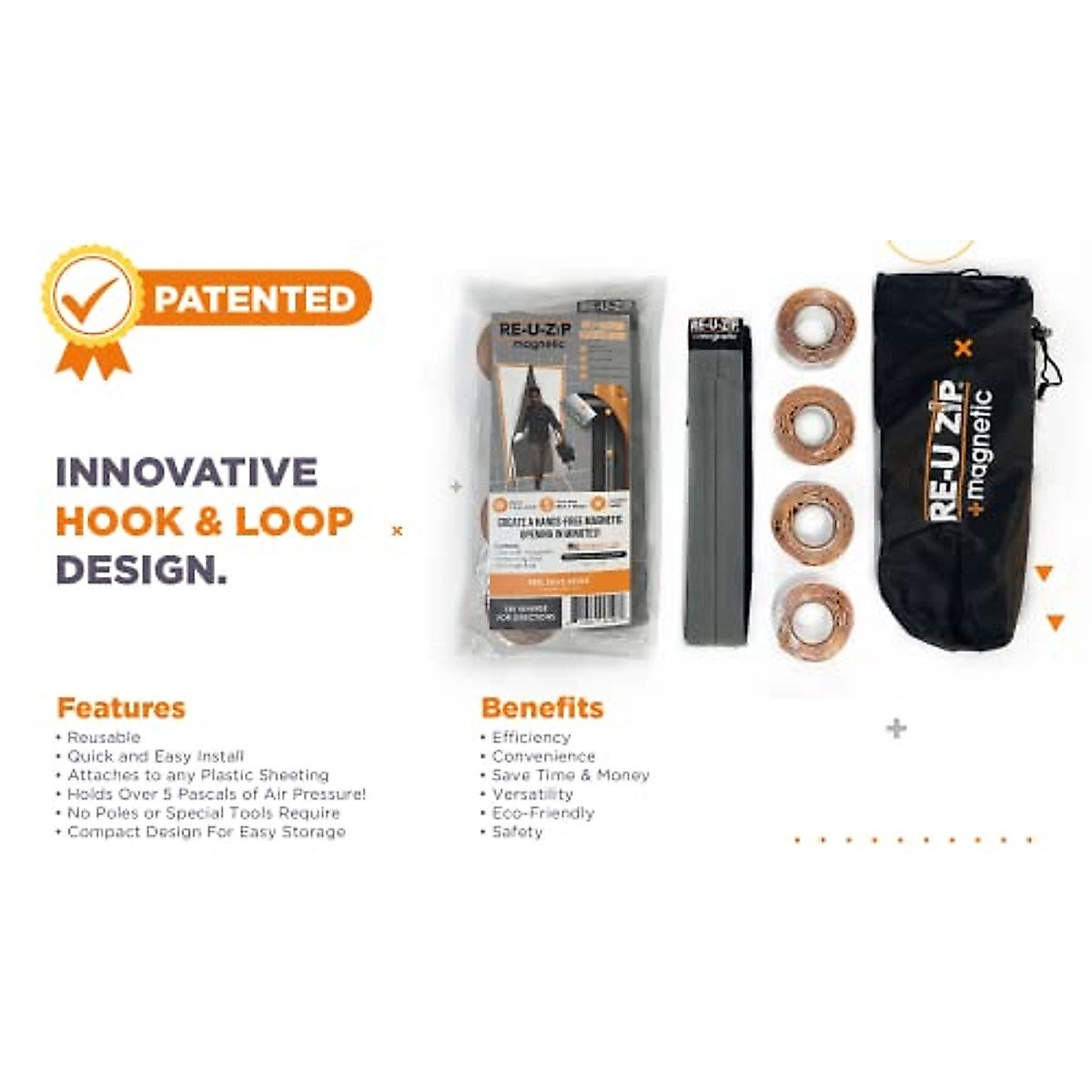 RE-U-ZIP® Reusable Magnetic Entry Strip™ | Patented Self-Closing Dust Barrier Zipper | Starter Kit