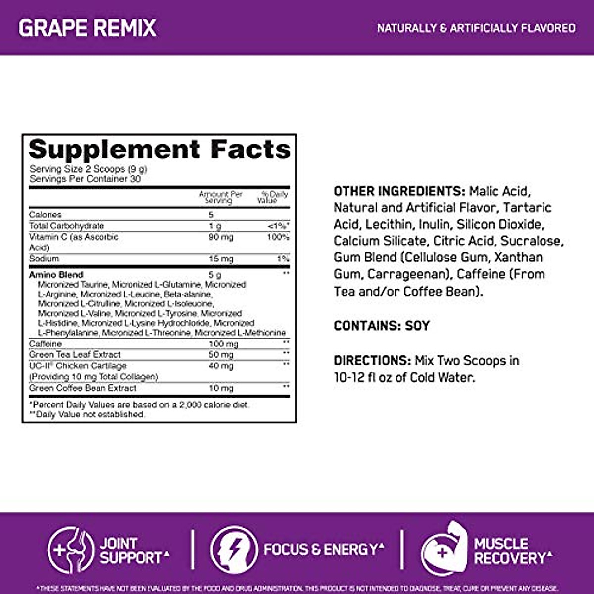 Optimum Nutrition Amino Energy + Collagen Powder - Pre Workout, Post Workout Muscle Recovery Energy Powder with Amino Acids, Vitamin C for Immune Support - Grape Remix, 30 Servings