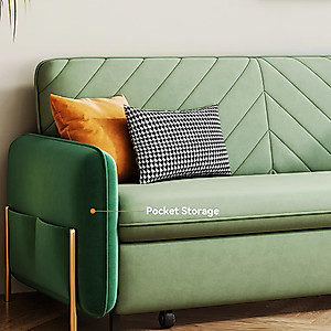 comfor u 79" King Sleeper Sofa Green Upholstered Convertible Sofa Bed 3 in 1 Sleeper Sofa Couch Bed, Small Tufted Velvet Convertible Loveseat Futon Sofa w/Pullout Bed, Multi-Pockets for Living Room