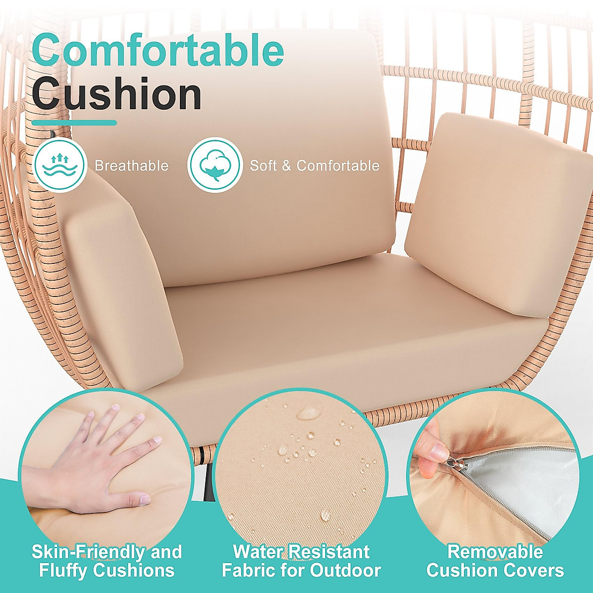 ZENPETIO Wicker Egg Chair, Oversized Indoor Outdoor Lounger with 4 UV Resistant Cushions, Storage Bag, All-Weather Wicker Egg Lounger Chair for Patio, Backyard, Living Room, 370lbs Capacity - Brown