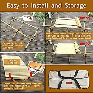 HUIHUIBI Portable Low Picnic Table,4Ft Bamboo Folding Camping Table with Carry Bag and Tablecloth,Foldable Beach Table for Camping,BBQ,Travel,Backyard Patio Party
