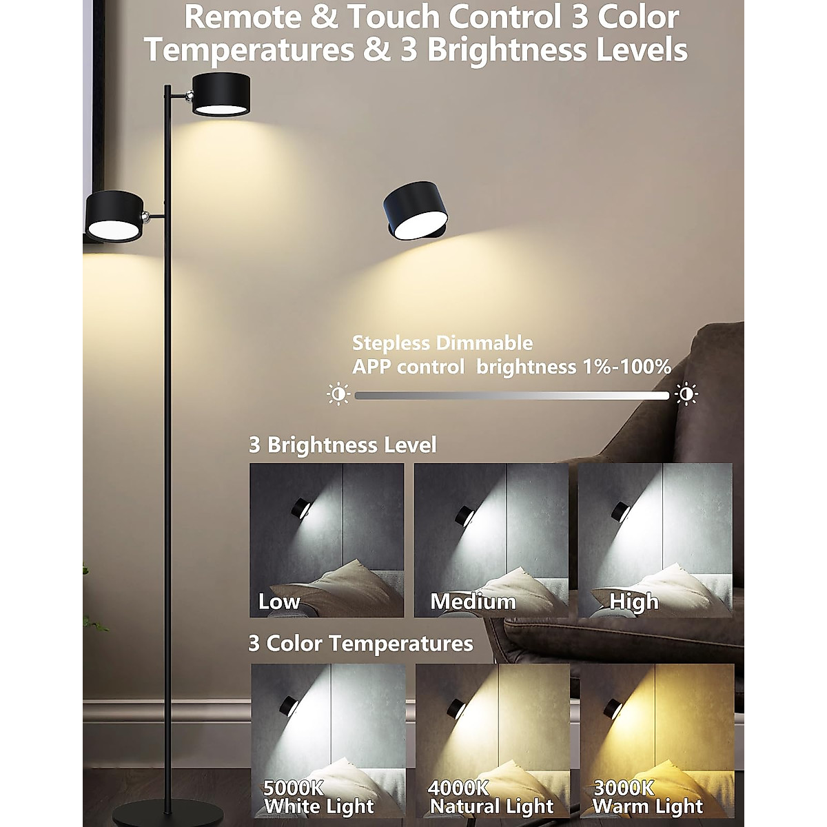 Floor Lamps,LED Tall Standing Pole Lights with Touch&Remote Control, Rechargeable Battery, Standard Dloor lamp with 3 Color Tempes&3 Brightness,RGB&4 Ambience Modes for Reading/Living Room/Sofa/Gaming