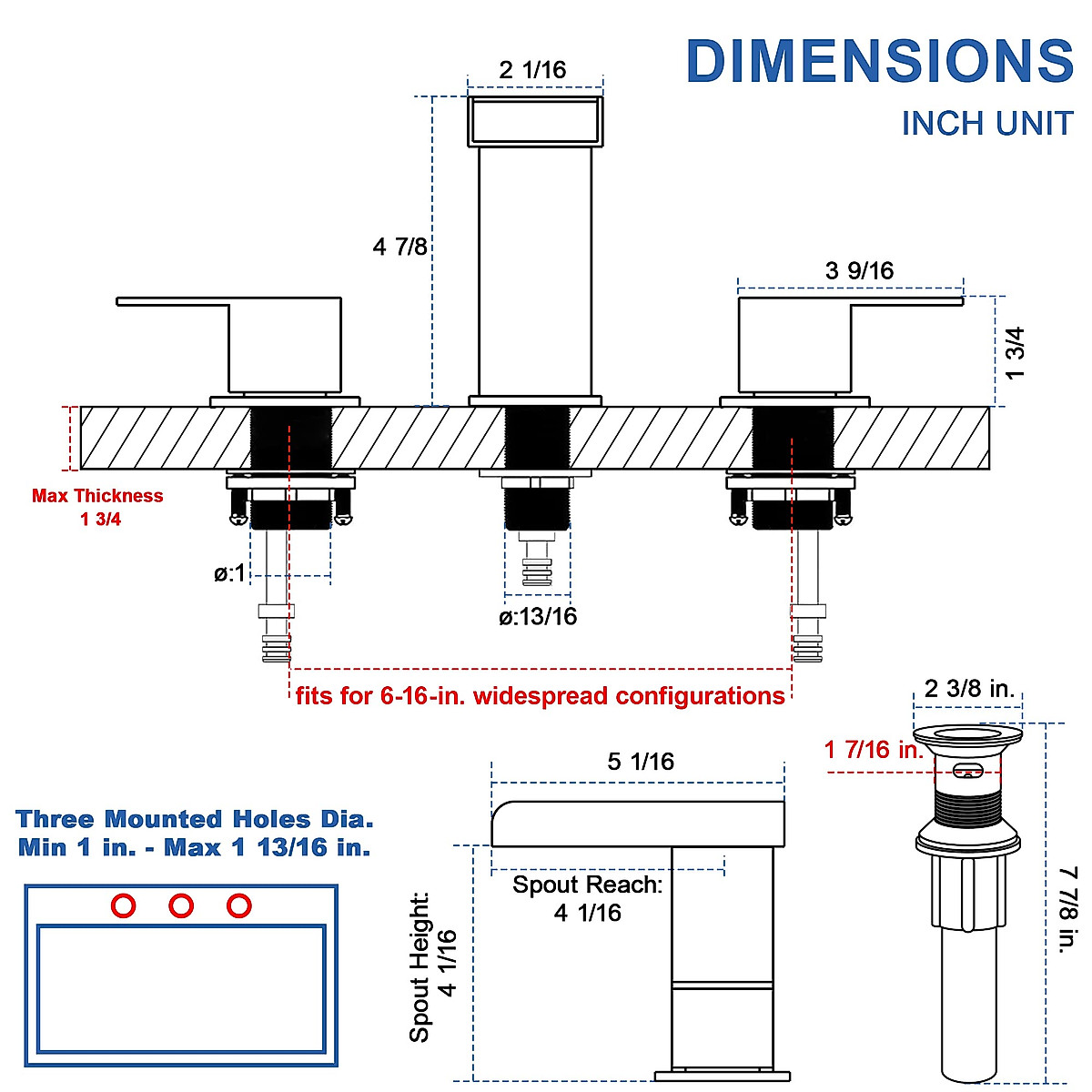 PerPaiMe Matte Black Waterfall Bathroom Faucet, 8-Inch, 2 Handles, 3-Hole, Metal Pop-Up Drain, 60cm Supply Line, 2-3/8 Inch Clearance