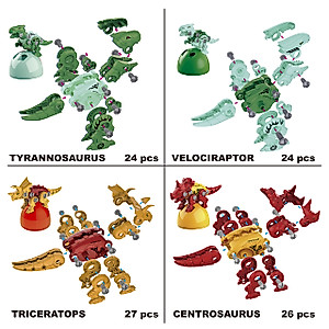 JOYIN 4 Pack Take Apart Dinosaur Toys with Movable Joint, Electric Drill, Dinosaur Eggs, Creative Building Construction Engineering Play Kit, Kids Learning Educational Toys