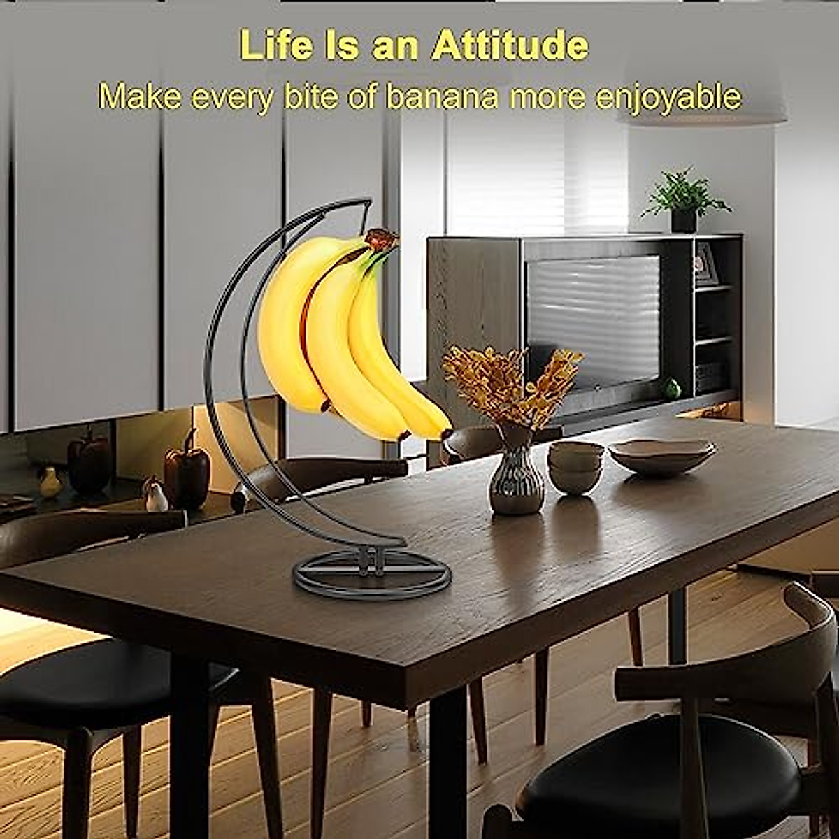 Winmien Banana Holder Stand, Stable Metal Freestanding Banana Hanger with Hook, Moon Shape Modern Banana Storage Design, Keep Fruits Fresh, Banana Keeper for Kitchen Countertop (Black)