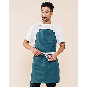 Caldo Daily Cotton Kitchen Apron for Cooking- Mens and Womens Professional Chef or Server Bib Apron - Adjustable Straps with Pockets and Towel Loop (Spruce)