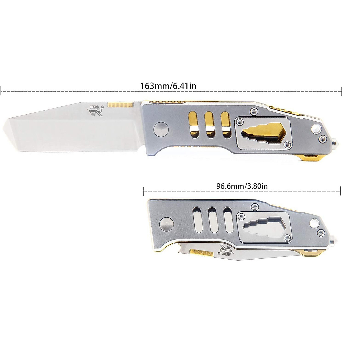 Sanrenmu 7046 Folding Pocket Knife with Tanto Blade Multi function Knife (Grey&Golden)
