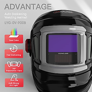 YESWELDER Large Viewing Flip Up Design Auto Darkening Welding Helmet with Side View, Digital Welding Lens，1/1/1/1 True Color 4 Arc Sensor Welder Mask