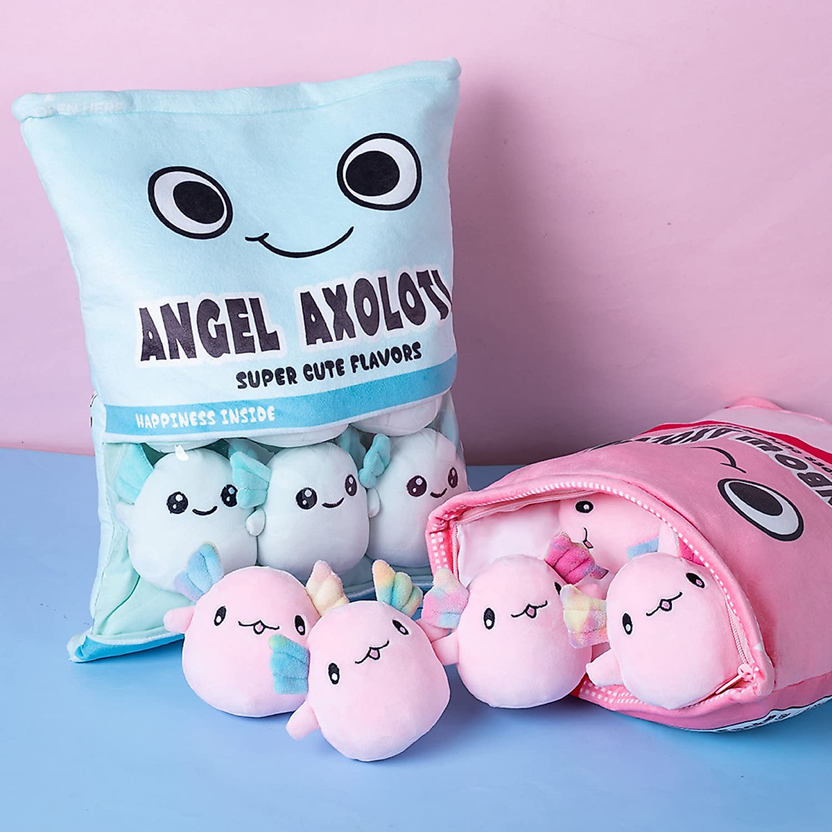 Nenalayo Plushies Doll a Bag of Axolotl Plush Toy Stuffed Soft Snack Pillow Plush Toy for Birthday Gift, Stuffed Toy Game Pillow Cushion Gift for Kids (Pink 6 Balls)