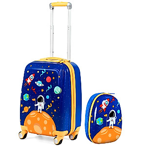 Goplus Kids Luggage Set, 12" & 18" Kids Carry On Luggage Set, Multi-directional Wheels Suitcase, Large Capacity Rolling Trolley Suitcase, Gift for Boys and Girls Toddlers Children Travel (Universe)