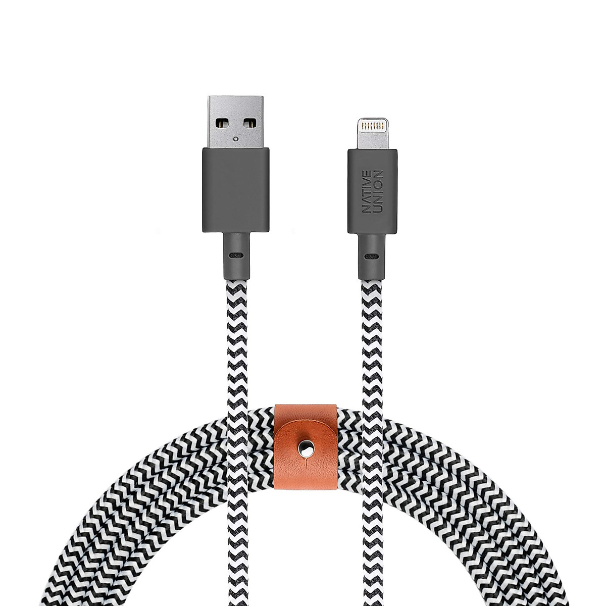 Native Union BELT Cable XL - 10ft Ultra-Strong Reinforced [MFi Certified] Durable Lightning to USB Charging Cable with Leather Strap compatible with iPhone 14, iPhone 13, iPhone 12 and Earlier (Zebra)