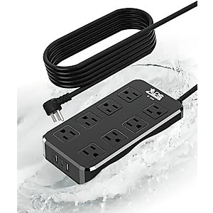 8-Outlet 10FT Extension Cord Outdoor Power Strip with 3 USB(1 USBC) Waterproof Port, All-Weatherproof with Switch and 1875W Overload Protection. Ideal for Outdoor Lights. UL Listed, Black