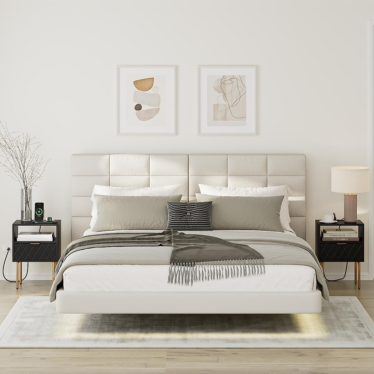 Aobafuir Nightstand with Charging Station, Drawer Dresser for Bedroom, Small Side Table with Drawer, Night Stand, End Table with Gold Frame for Bedroom, Living Room, Diamond Black