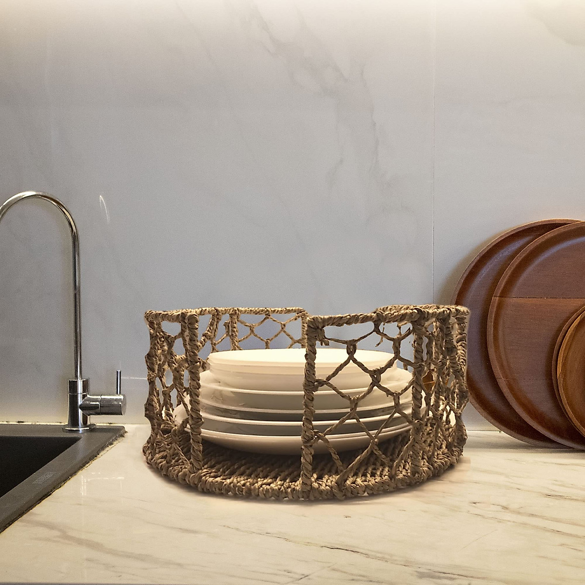 Seagrass Plate Caddy Carrier w Side Handles | Round Plate Holders for Buffets, Weddings, Parties, Dining Table - Cabinet Paper Plate Holders Reusable - By MadeTerra