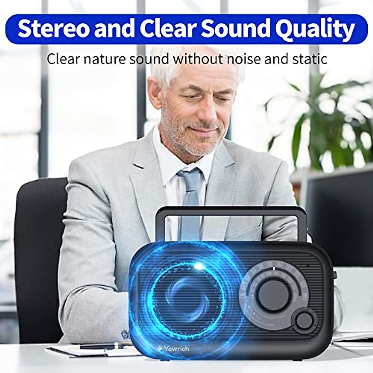 AM FM Radio with Best Reception, Bluetooth Speaker Portable Radio, DSP Plug in Wall Radio Battery Operated or AC Power with Headphone Jack, Large Tuning Knob for Home Kitchen Outdoor, Black