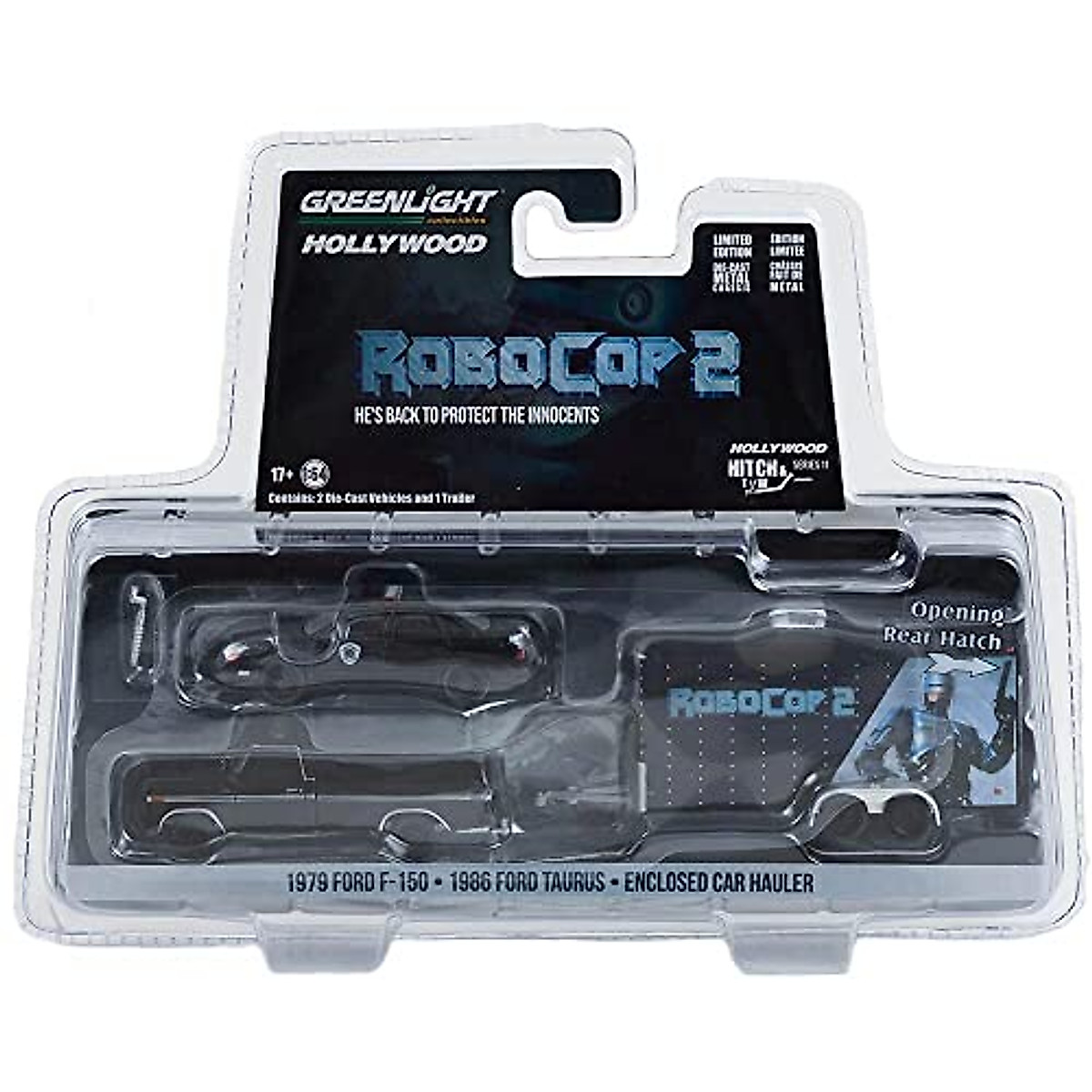 Greenlight 31150-A Hollywood Hitch & Tow Series 11 - Robo Cop 2 - 1979 F-150 with 1986 Taurus Detroit Metro West Police in Enclosed Car Hauler 1:64 Scale