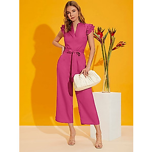 WDIRARA Women's LayePink Ruffle Cap Sleeve Notched V Neck Belted Jumpsuit Pants Pink L